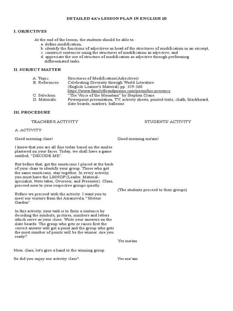 Detailed Lesson Plan - Structures of Modification | PDF | Adjective ...