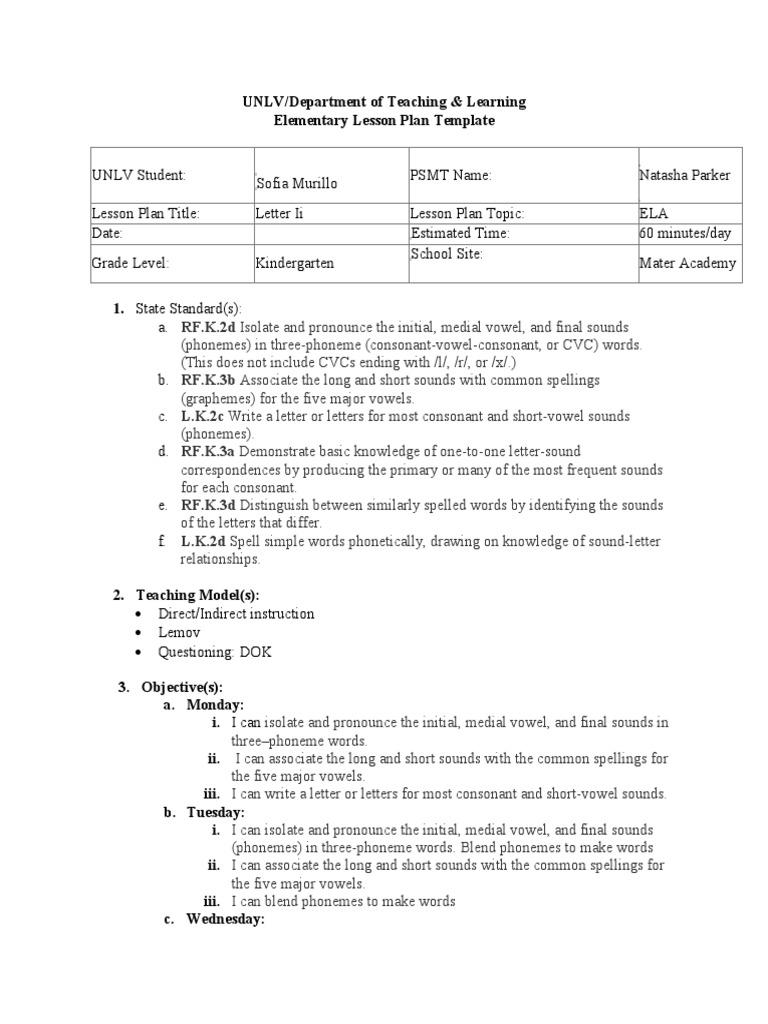 UNLV/Department of Teaching & Learning Elementary Lesson Plan Template ...