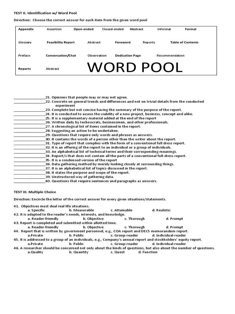 TEST II. Identification W/ Word Pool | PDF | Question | Psychology