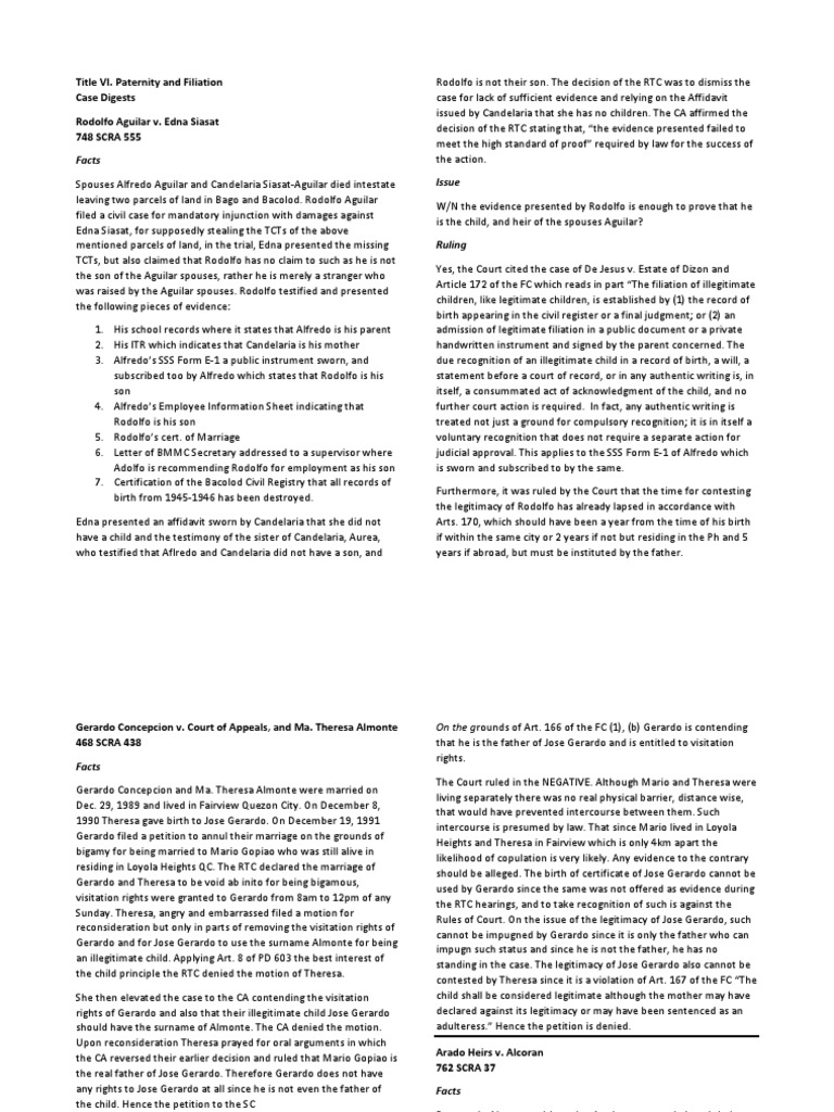 Paternity and Inheritance Case Summaries | PDF | Adoption | Marriage