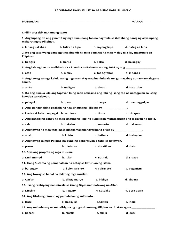 Lagumang Pagsusulit Sa Araling Panlipunan V | PDF