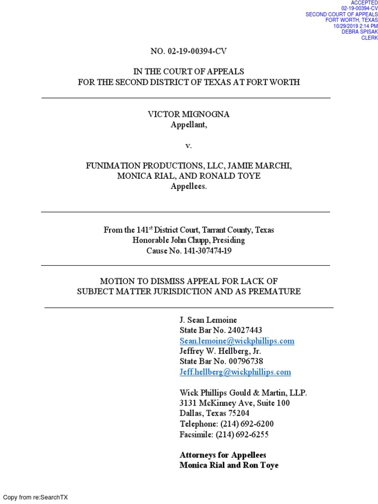 Monica Rial and Ron Toye's Motion To Dismiss Appeal | PDF | Appeal ...