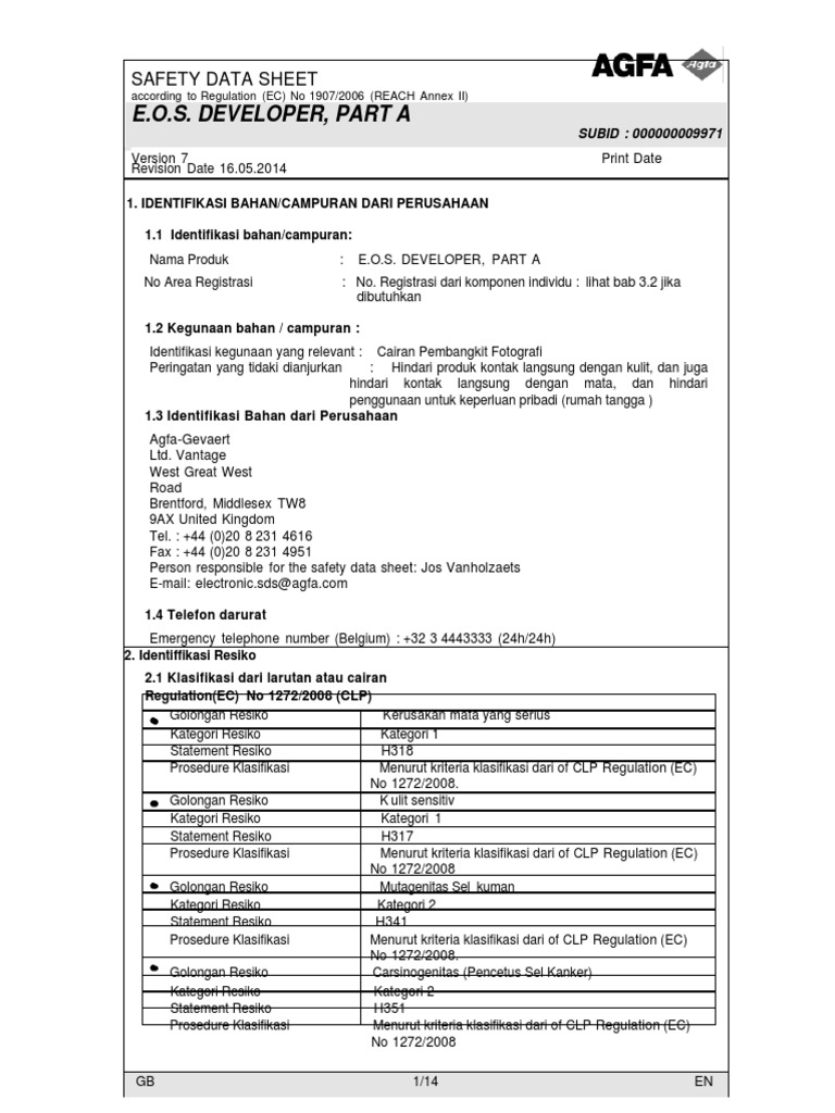 Msds Developer Agfa Terjemahan | PDF