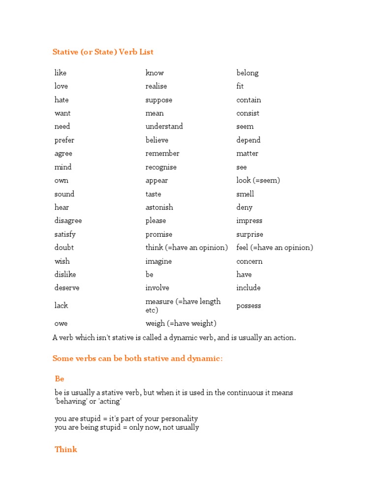 Stative (Or State) Verb List | PDF | Taste | Linguistic Typology