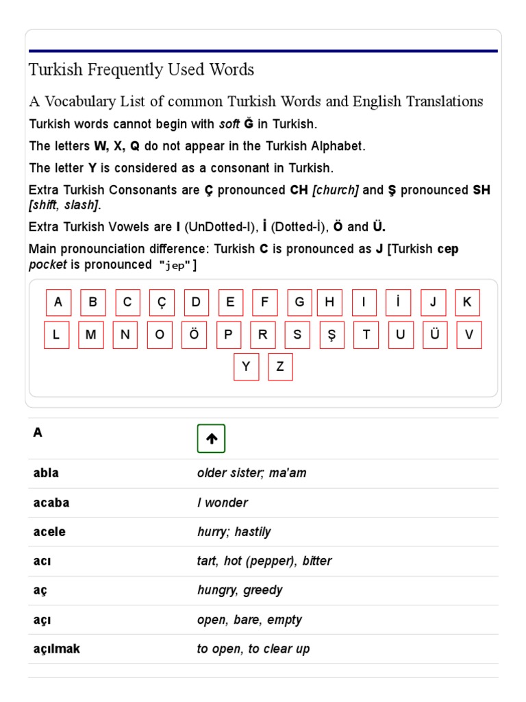 Turkish Frequently Used Words | PDF | Consonant