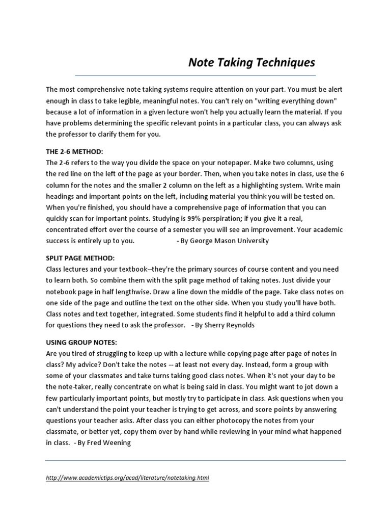 Note Taking Techniques | PDF | Homework | Psychology