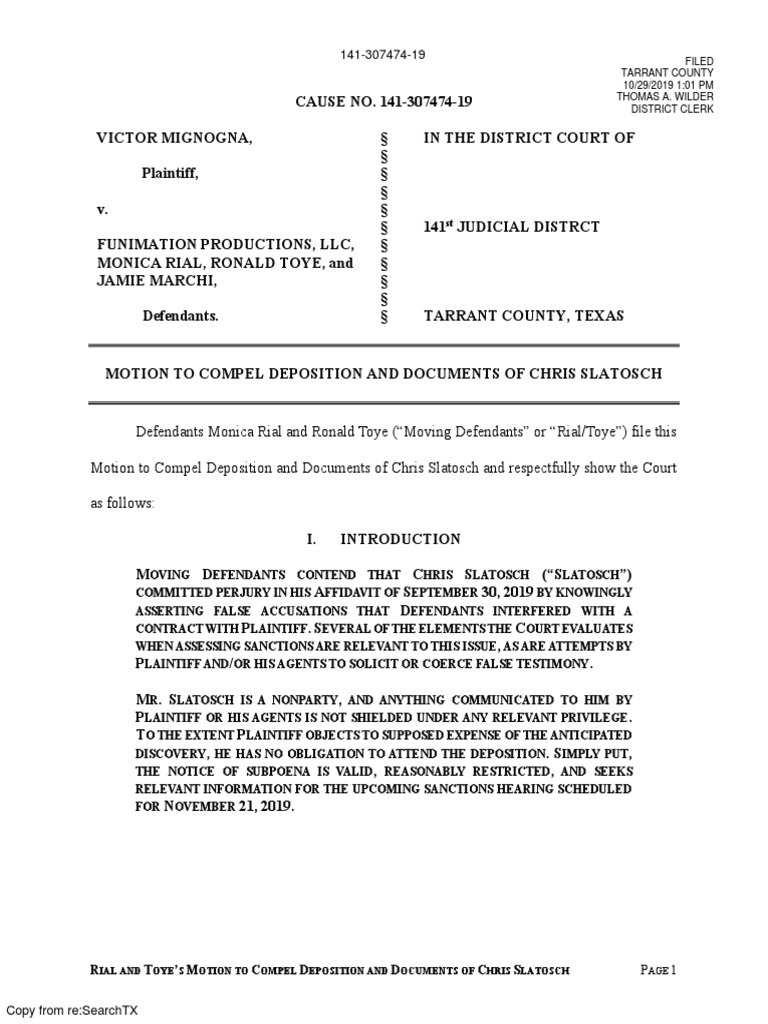 Motion To Compel Slatosch Deposition | Deposition (Law) | Motion To Compel