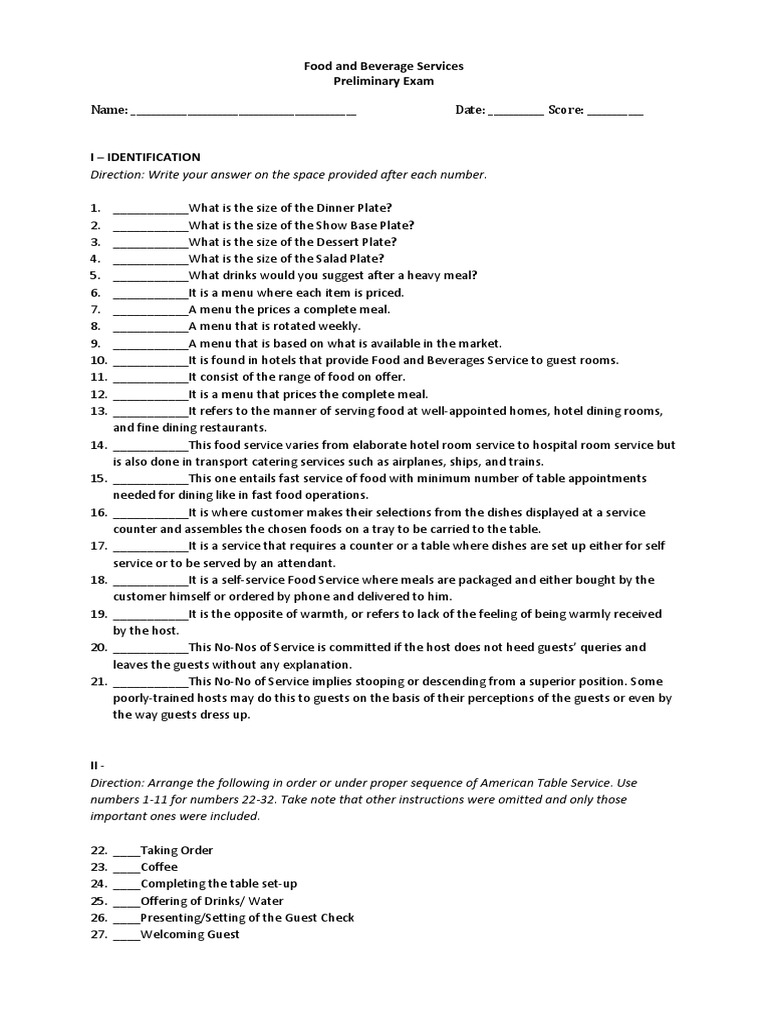 Prelim - Fbs | PDF | Menu | Foodservice