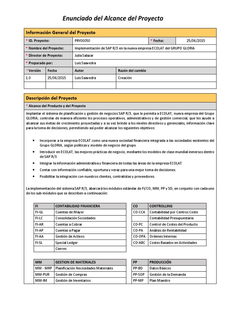 Enunciado del Alcance del Proyecto | Sap Se | Contabilidad