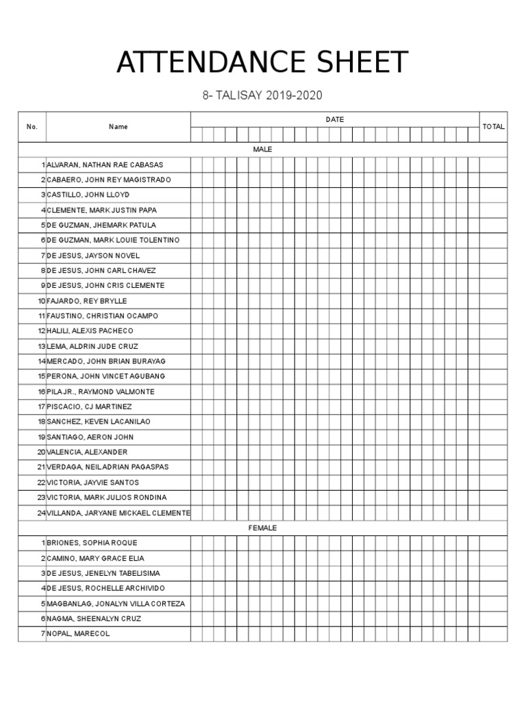 Talisay Attendance Sheet 2019-2020 | PDF