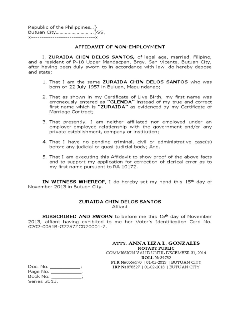 Personal Affidavit of Non-Employment | PDF | Affidavit | Notary Public