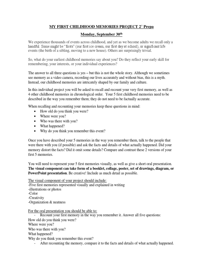My First Chilhood Memories Project 2° Prepa | PDF | Memory | Rubric ...