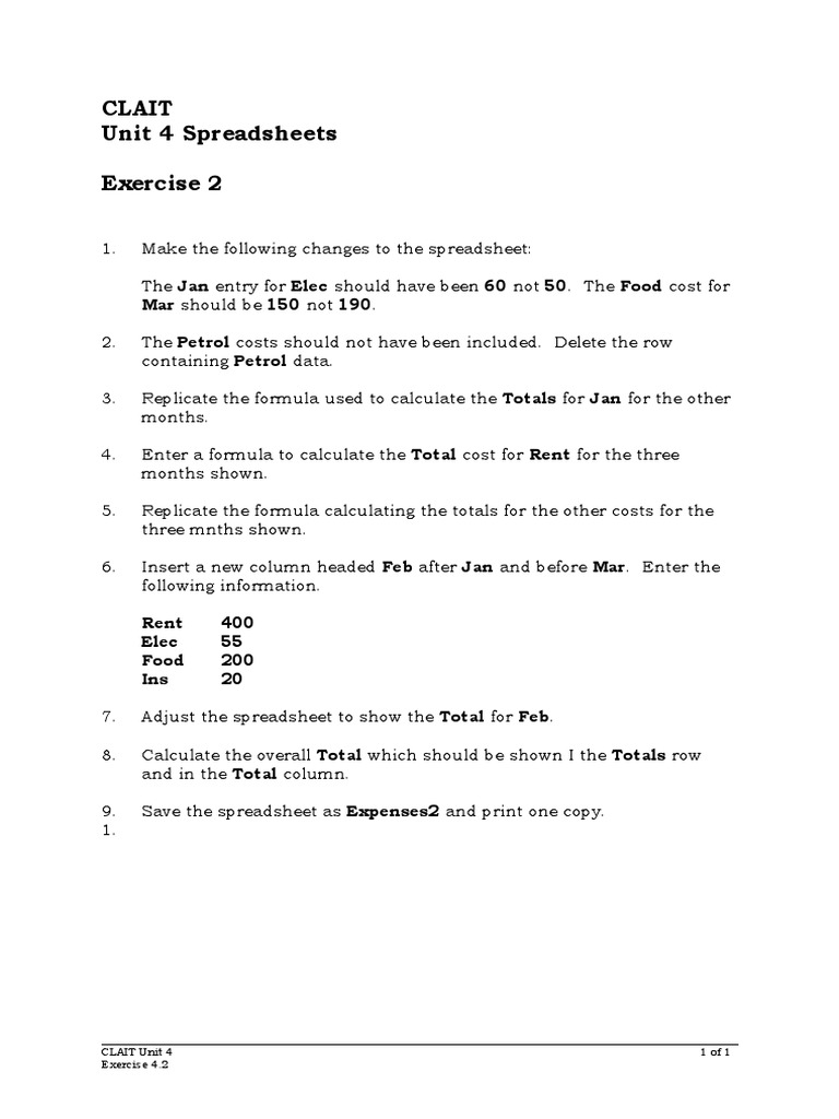 Clait Unit 4 Spreadsheets Exercise 2: Mar Should Be 150 Not 190 | PDF