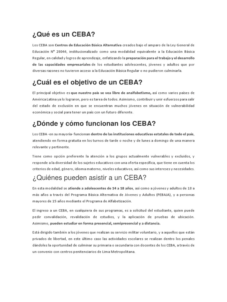 Qué es un CEBA y su función educativa | PDF | Educación Secundaria ...