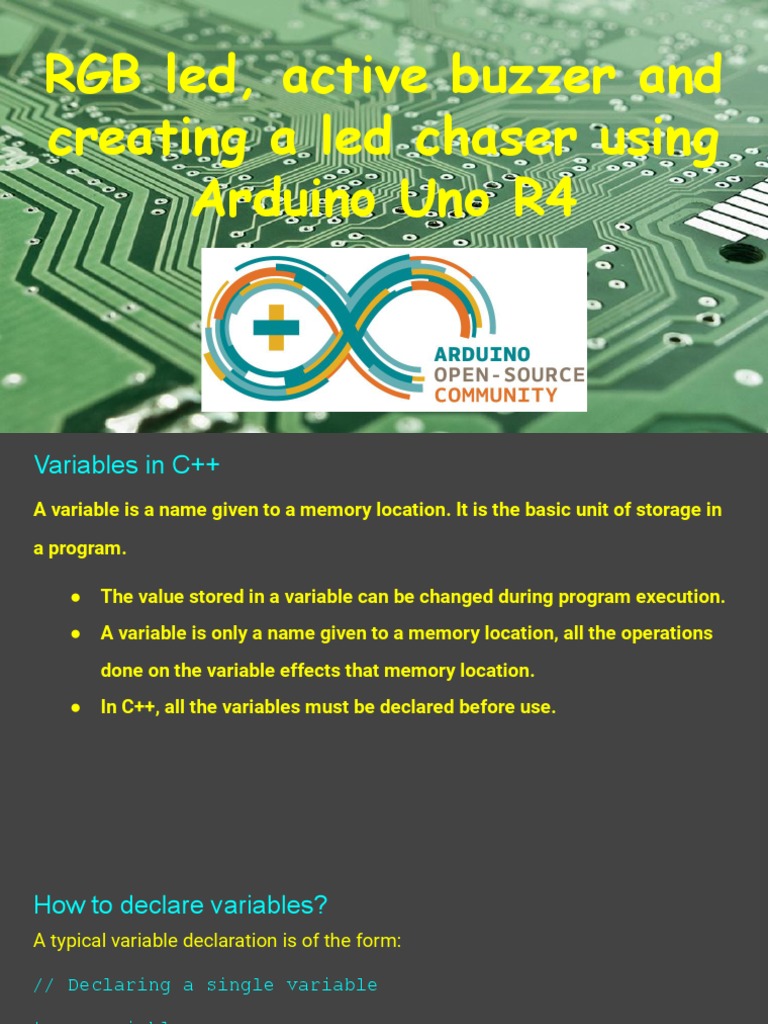 RGB Led, Active Buzzer and Creating A Led Chaser Using Arduino Uno R4 | PDF | Parameter ...