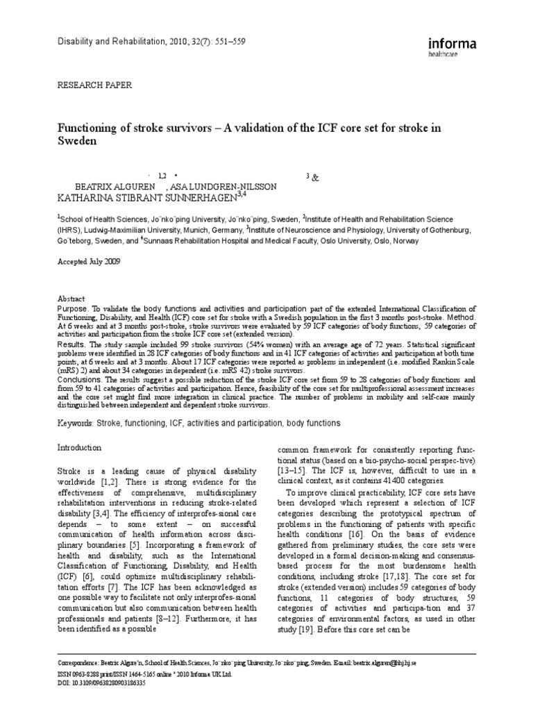 Functioning of Stroke Survivors - A Validation of The ICF Core Set For ...