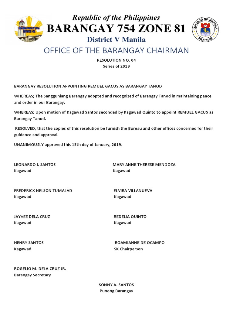 Tanod Resolution 2019 | PDF | Philippines | Violence