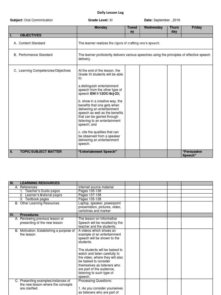 Lesson plan for Entertainment Speech-1-1.docx | Educational Assessment ...