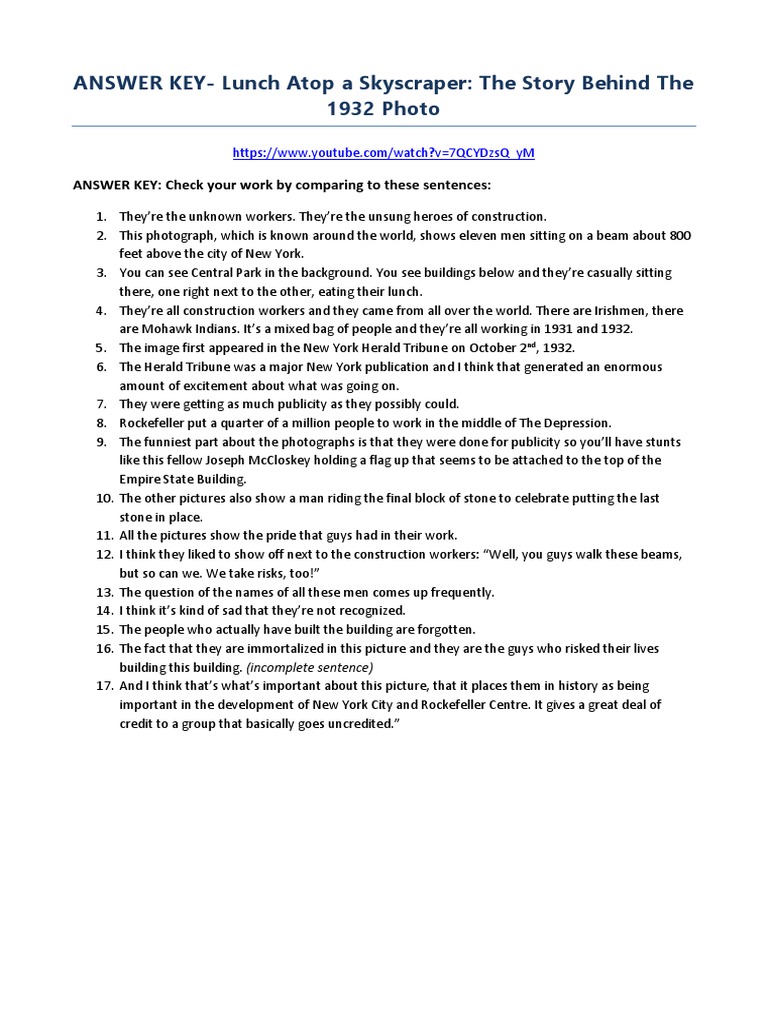 LISTENING COMPREHENSION Lunch Atop A Skyscraper The Story Behind The ...