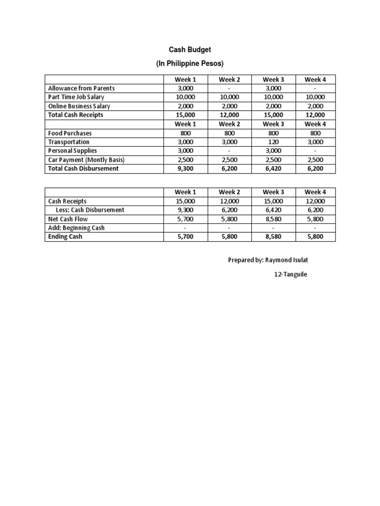 Weekly Cash Budget Example | PDF | Business | Finance & Money Management