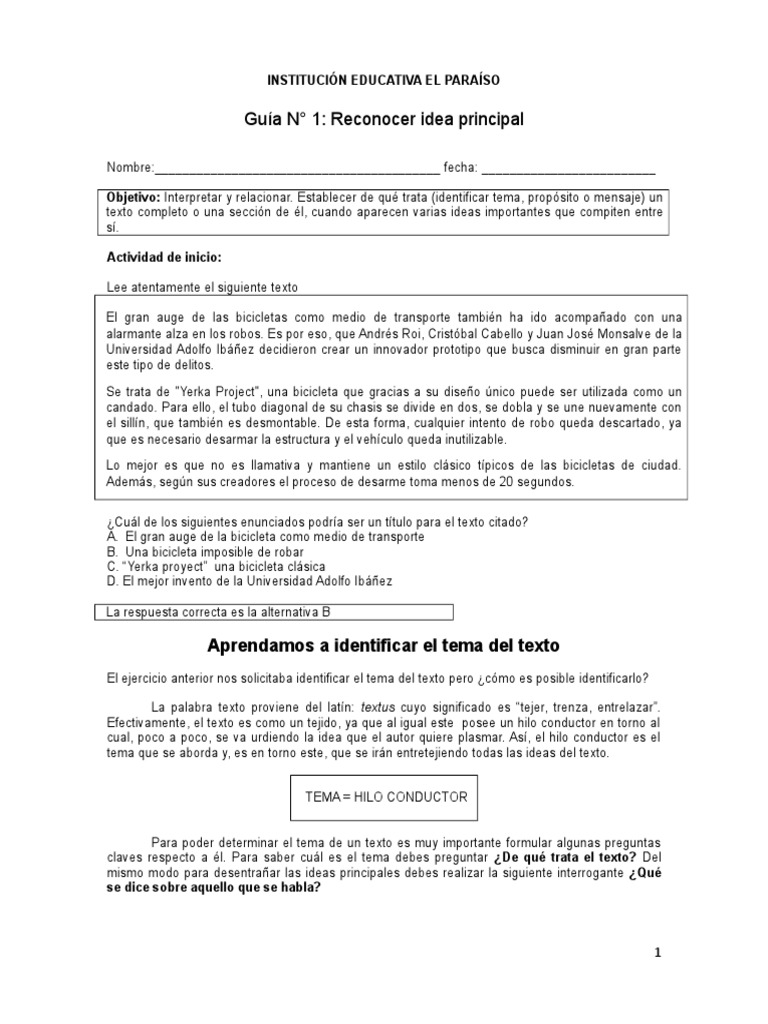 Guía 1 Cómo Identificar La Idea Principal de Un Texto 11° | PDF ...