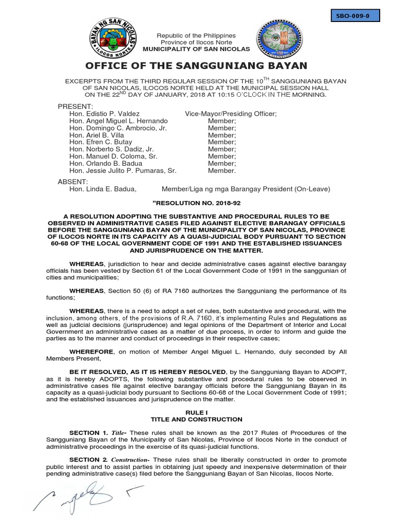 Office of The Sangguniang Bayan: Republic of The Philippines Province ...