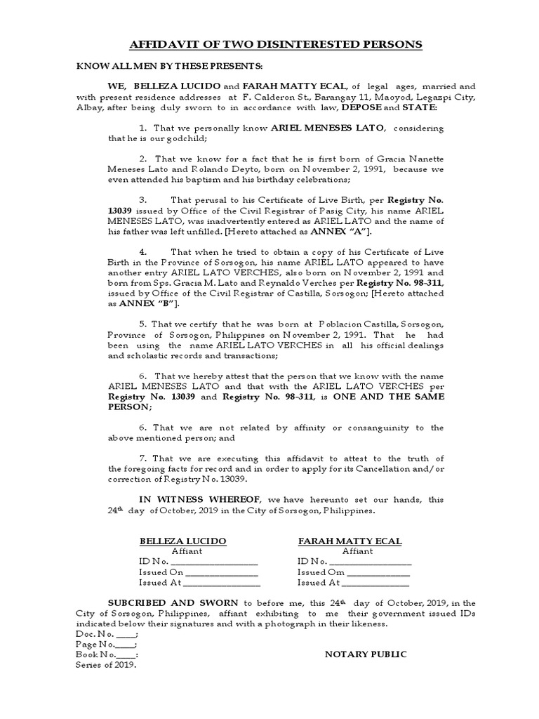 Affidavit of Two Disinterested Persons | PDF | Affidavit | Government