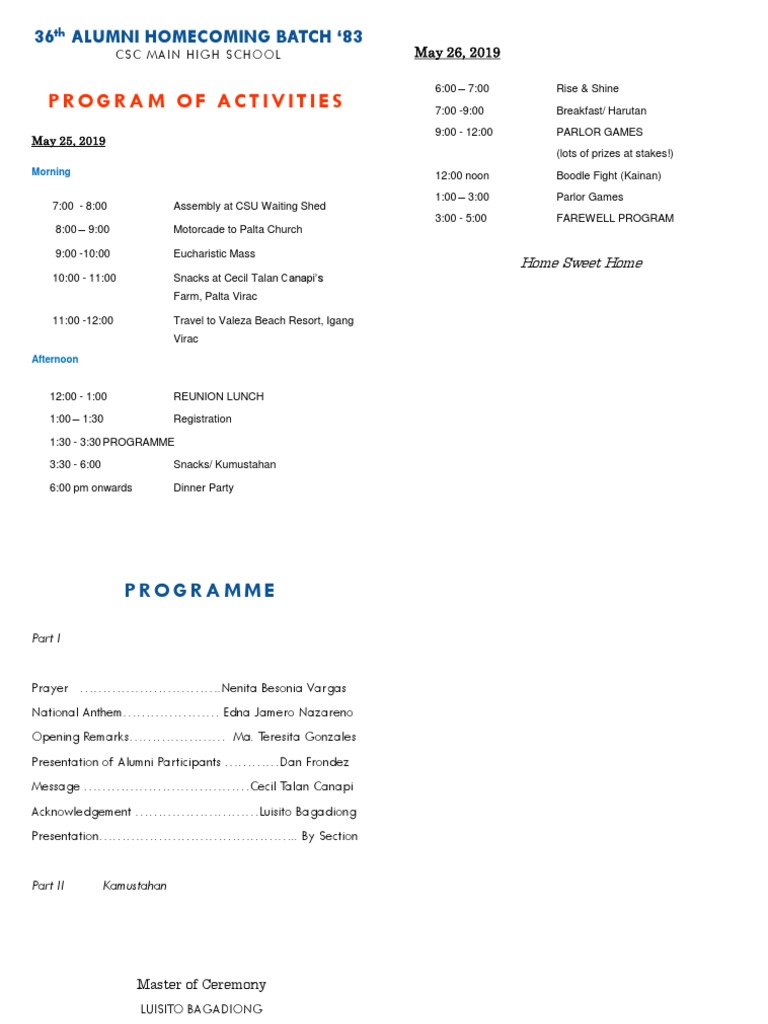 Program of Activities: 36 Alumni Homecoming Batch 83 | PDF