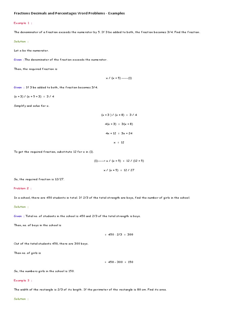 Word Problems: Fractions & Decimals | PDF | Fraction (Mathematics ...