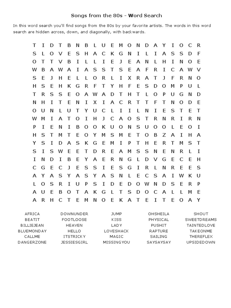Songs From The 80s Hard | PDF | Word Search | Word Puzzles