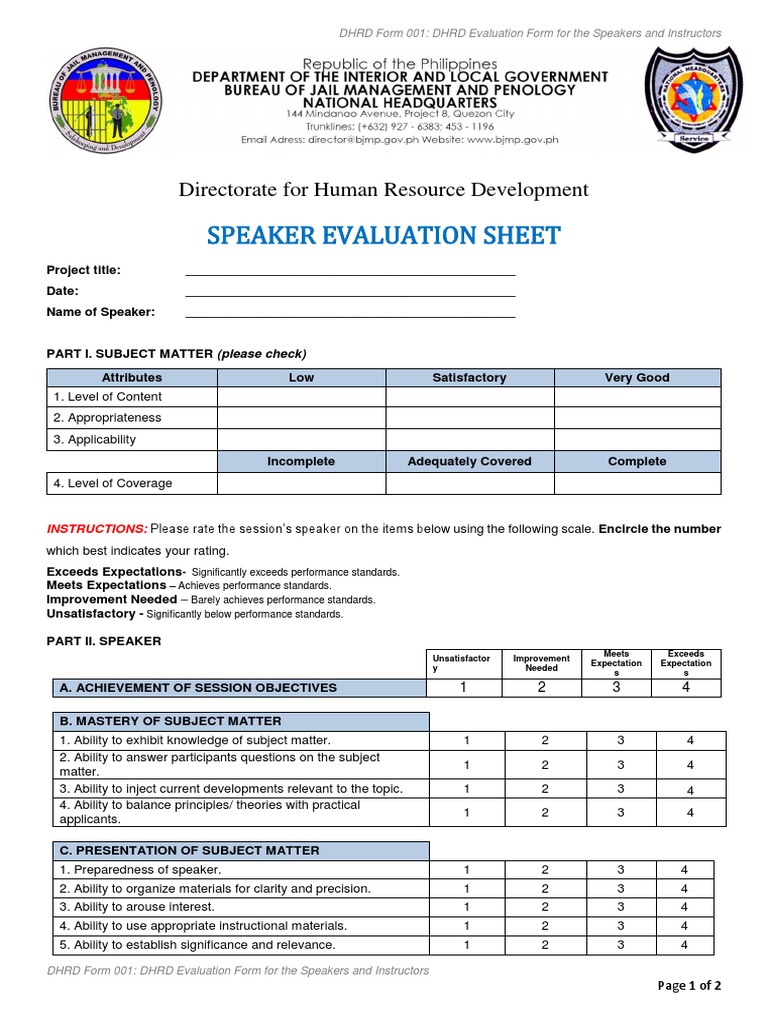 DHRD Speaker Evaluation Sheet 2019 | PDF | Evaluation | Psychology