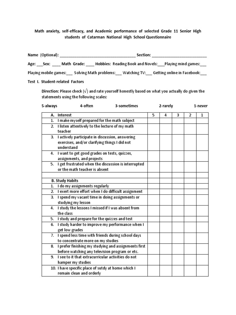 Questionnaire Research Math Anxiety and Self-Efficacy | PDF | Self ...