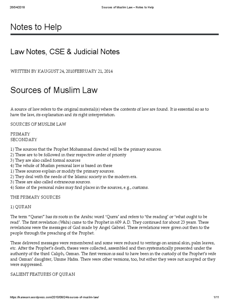 Sources of Muslim Law - Notes | PDF | Hadith | Precedent