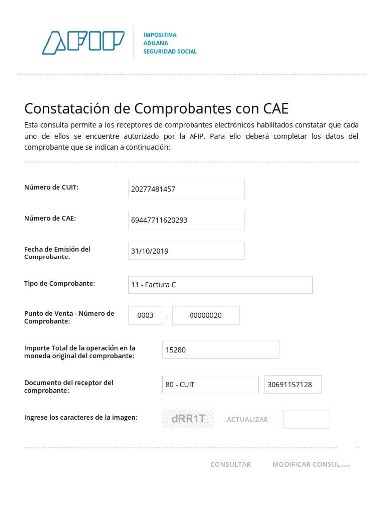 Constatación de Comprobantes Con CAE: Impositiva Aduana Seguridad ...