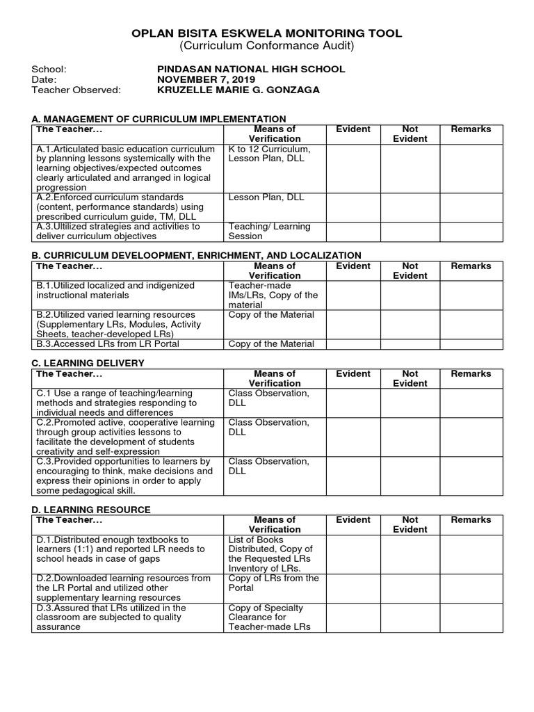 Oplan Bisita Eskwela Monitoring Tool. | PDF | Curriculum | Teachers