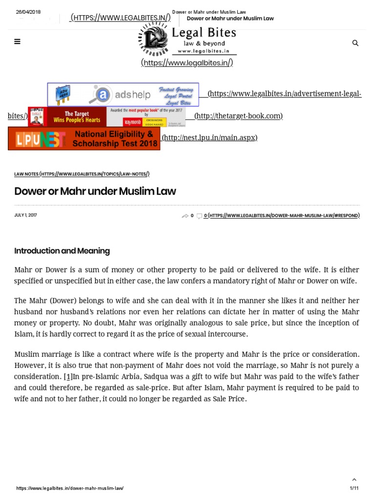 Dower or Mahr Under Muslim Law | PDF | Wife | Husband