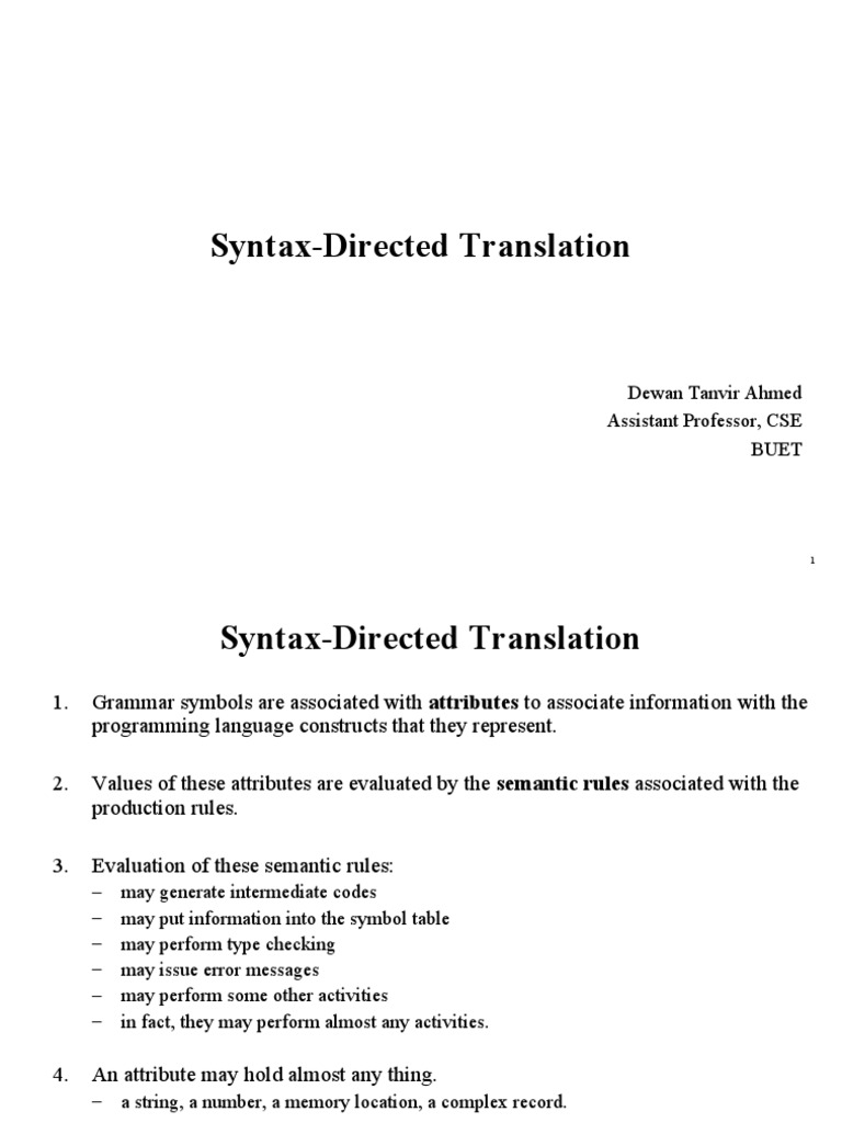 Syntax-Directed Translation: Dewan Tanvir Ahmed Assistant Professor, CSE Buet | PDF | Parsing ...