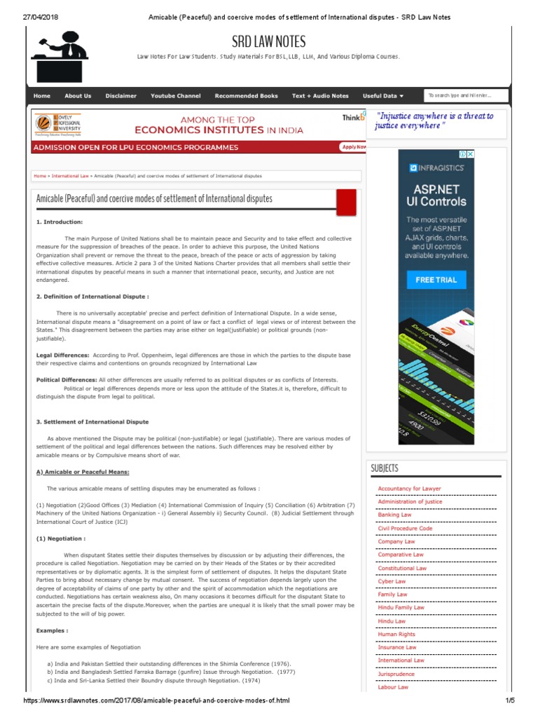 Modes of Settlement of International Disputes - Law Notes | PDF ...