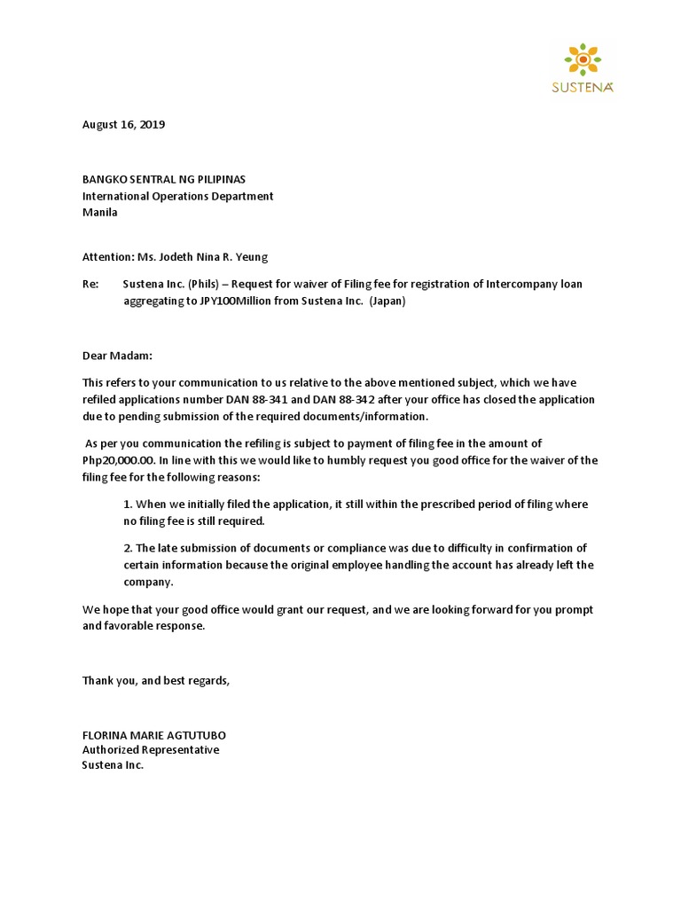Draft - Sustena Request Letter BSP | PDF