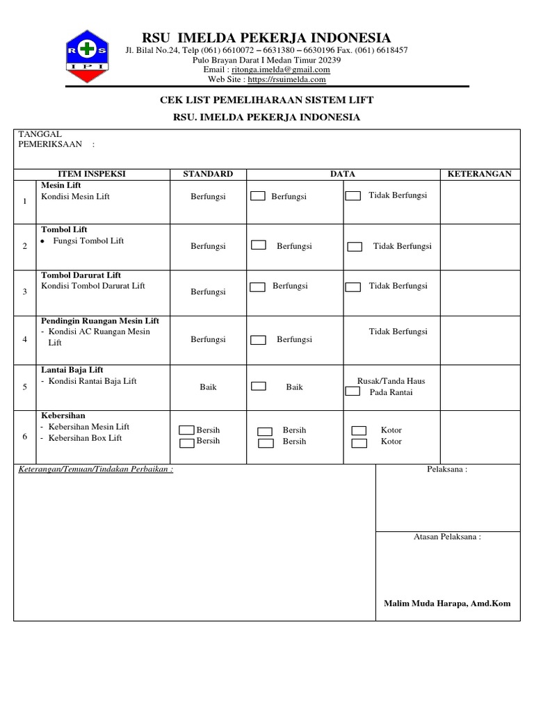 Cek List Pemeliharaan Lift RSU Imelda | PDF