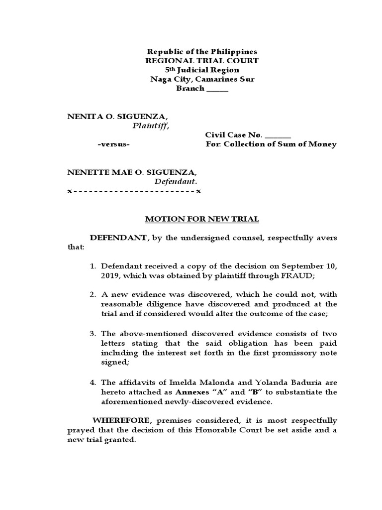 Sample Motion For New Trial | PDF | Legal Procedure | Public Law