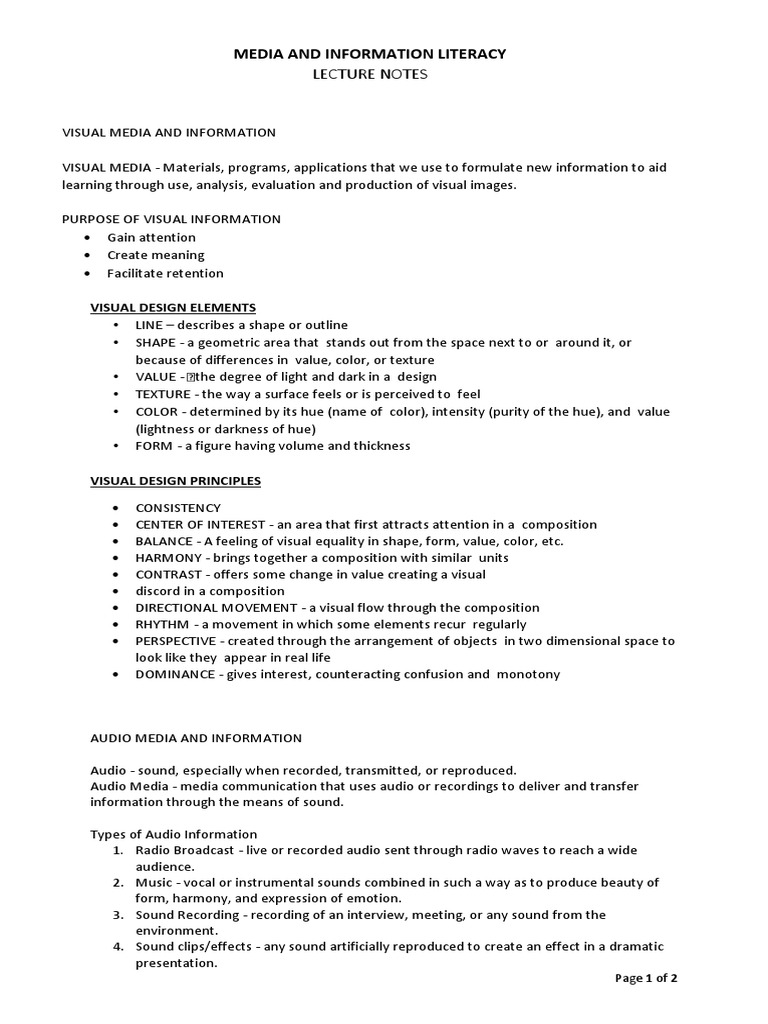 Media and Information Literacy: Lecture Notes | PDF | Composition ...