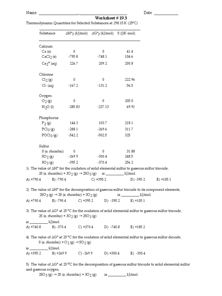 Thermodynamics Worksheet - 3 | PDF | Sulfur | Temperature