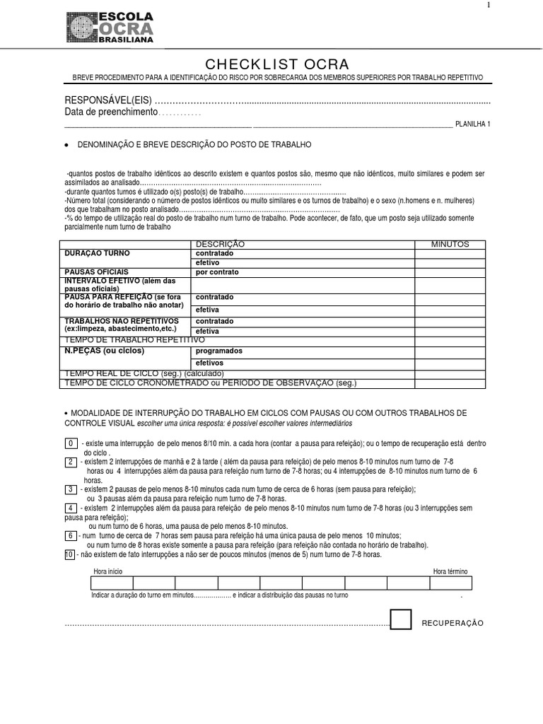 Check List Ocra Portugues | Tempo | Força | Avaliação gratuita de 30 ...