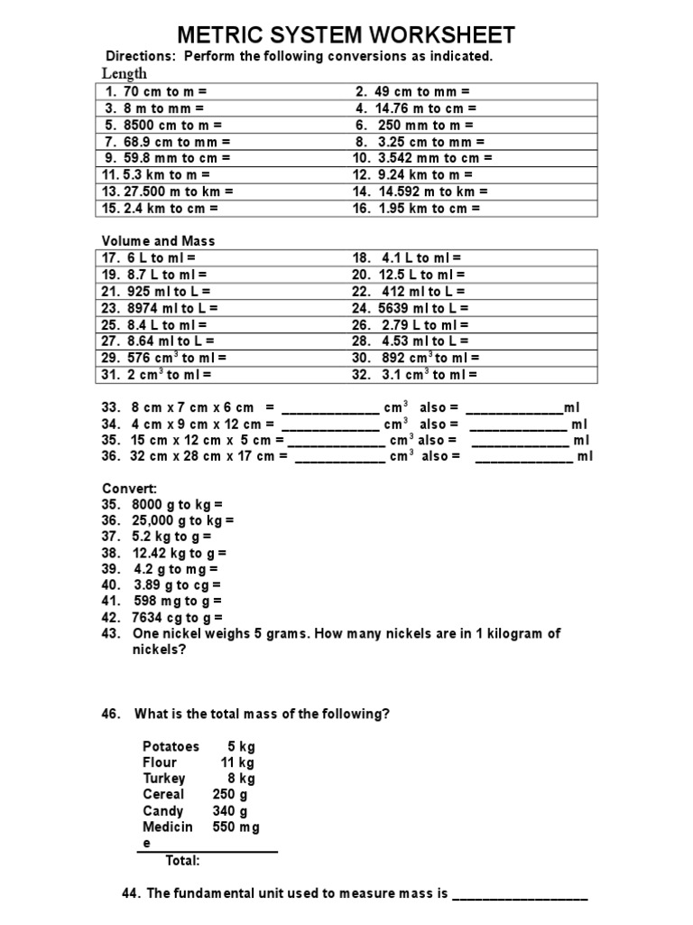 Metric System Worksheet | PDF