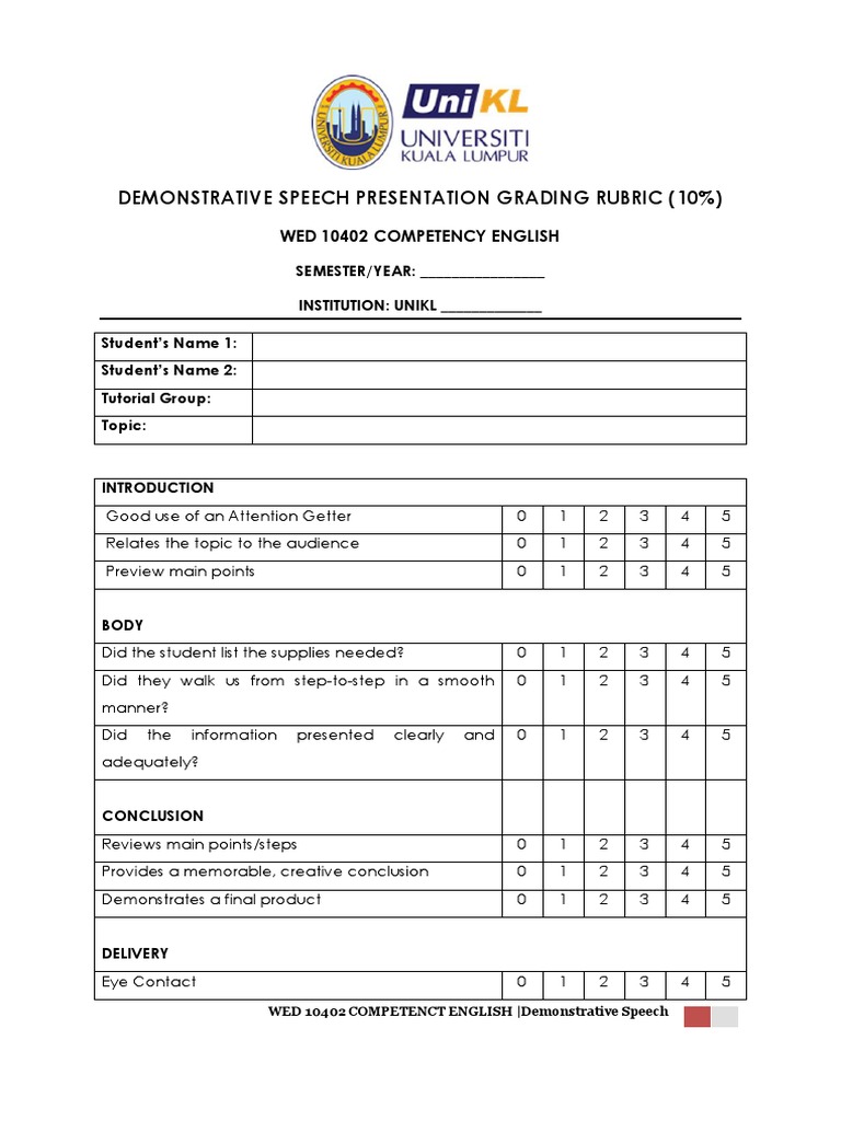 Demonstrative Speech Presentation Grading Rubric | PDF | Speech ...