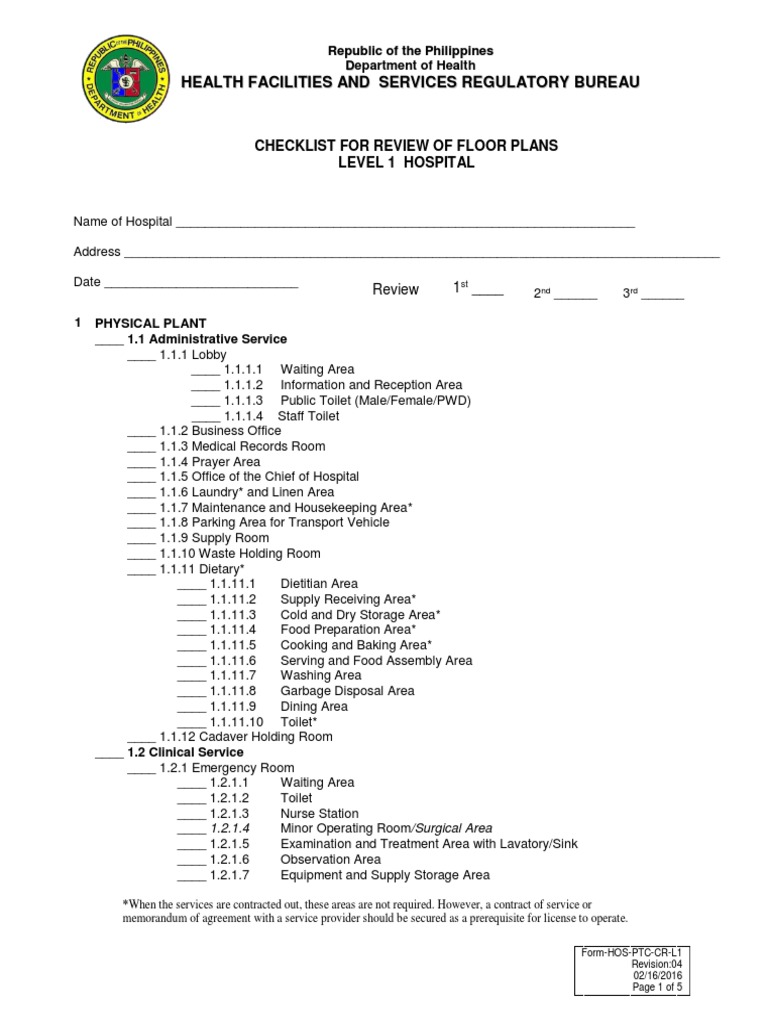 Checklist For Review of Floor Plan of Level 1 Hospital | PDF ...