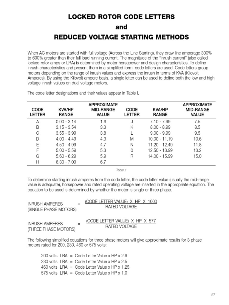 Locked Rotor Code Letters and Reduced Voltage Starting Methods | PDF ...
