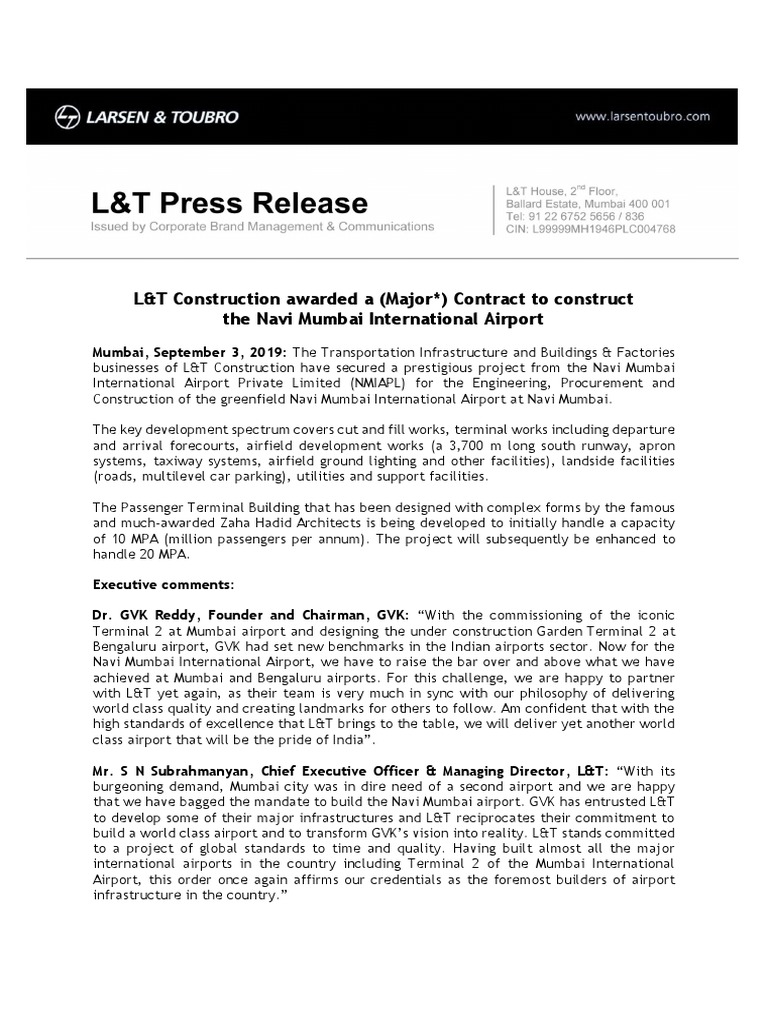 2019 09 03 LT Construction Awarded A Major Contract To Construct The ...
