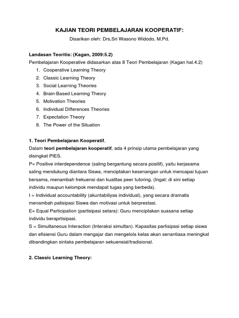 Kajian Teori PEMBELAJARAN KOOPERATIF | PDF | Karier & Perkembangan | Kesehatan Holistik